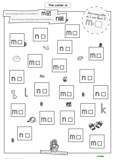letter m vs n Worksheet PDF - Tick m, Cross n Activity