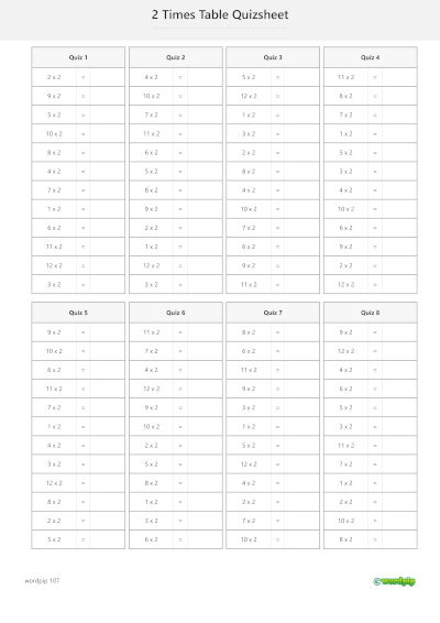 2 Times Table Quiz Sheet