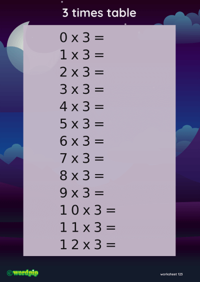 3 Times Table Night Scene No Answers A5