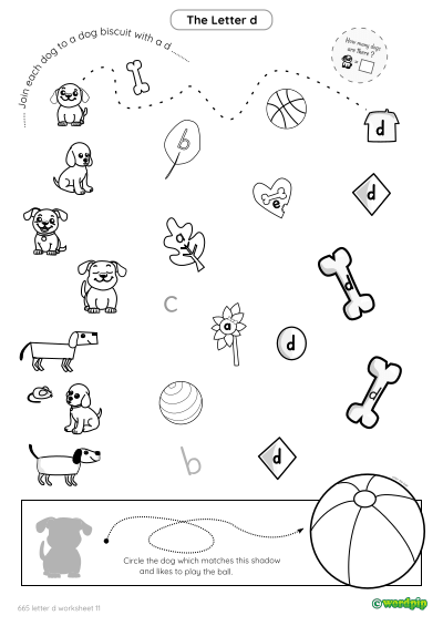 Connect Dogs to Letter d Biscuits Worksheet - Free Printable