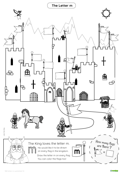 letter m Castle Flags Worksheet PDF - Draw the Letter 'm' on Flags