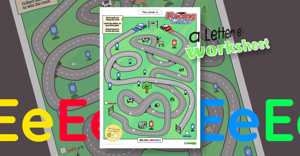 Letter e Racing Maze Worksheet PDF - Red vs Blue Cars