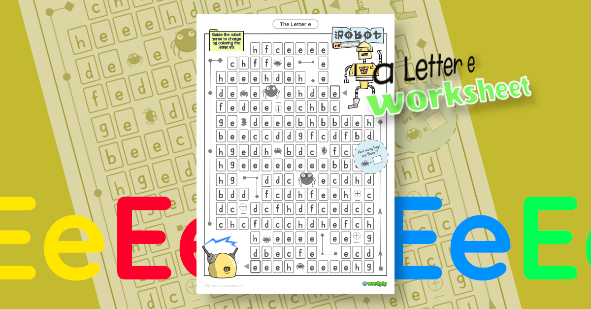 Letter e Robot Maze Worksheet PDF - Guide Robot Home
