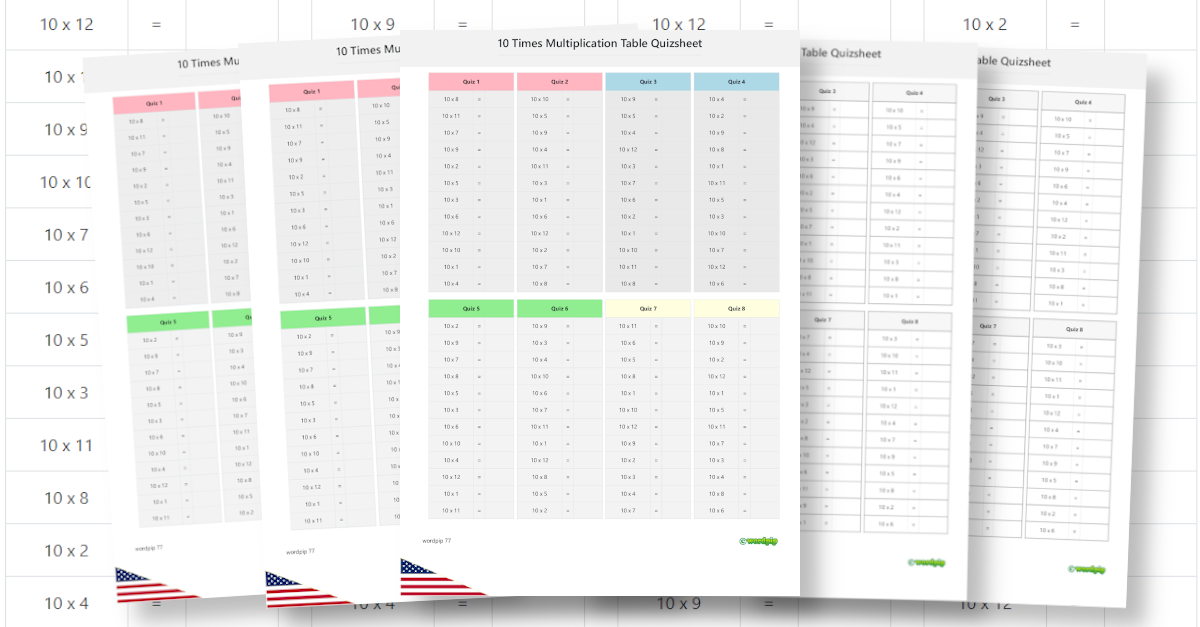 Quiz sheet 10 times multiplication table
