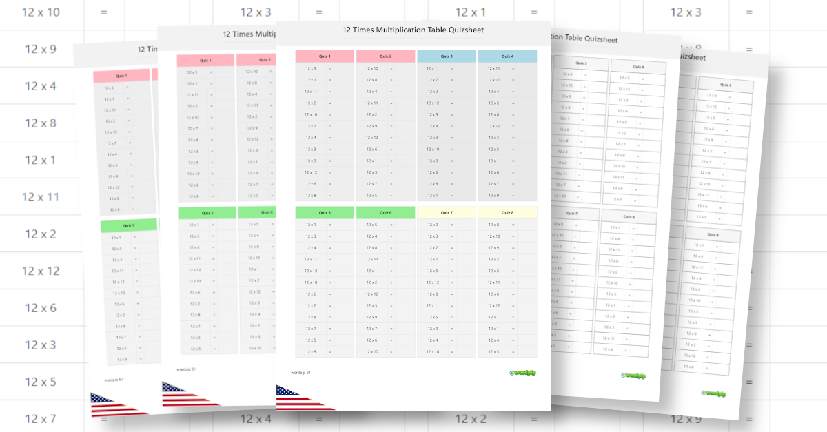 Quiz sheet 12 times multiplication table