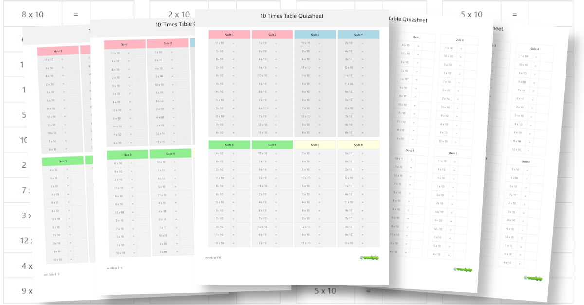 Quiz sheet 10 times table